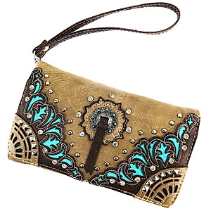 Zelris Autumn West Fringe Concho Women Crossbody Wrist Trifold Wallet (Tan)