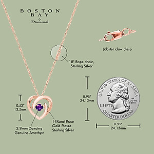 Boston Bay Diamonds 14K Rose Gold Plated .925 Sterling Silver & Amethyst Heart Swirl Brilliance in Motion Gemstone Pendant Necklace with Rope Chain - 18”