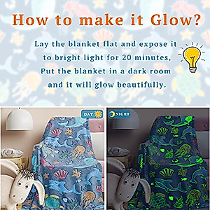 Glow in The Dark Throw Blanket Dolphin Marine Life Luminous Blankets and Throws Blue Colorful Plush Blankets Soft Glowing Throw Gift for Kids Girls Boys Teens Age 1-15 Years Old
