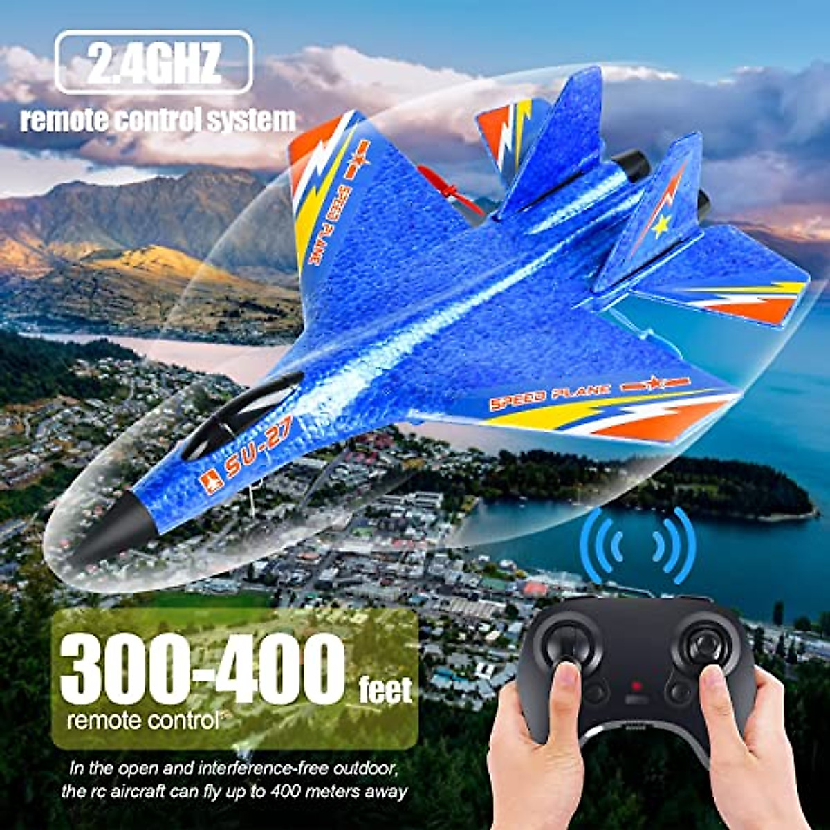 OUSEXI Blue RC Airplane Comes with 2 Batteries, 2.4 GHZ 2 Channels Remote Control Aircraft for Beginners,Outdoor Foam RC Airplane for Kids(with Night Light)