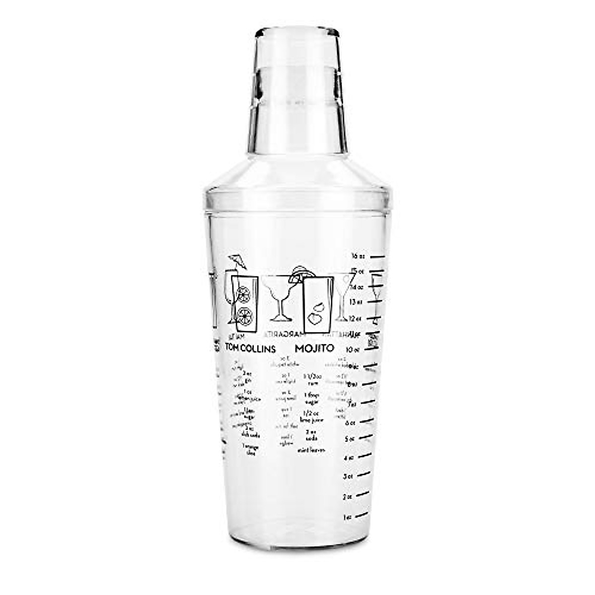 True Cocktail Shaker with Recipes for Cocktails and Ounce Measurements, Built-in Strainer, 16 oz, Clear Plastic