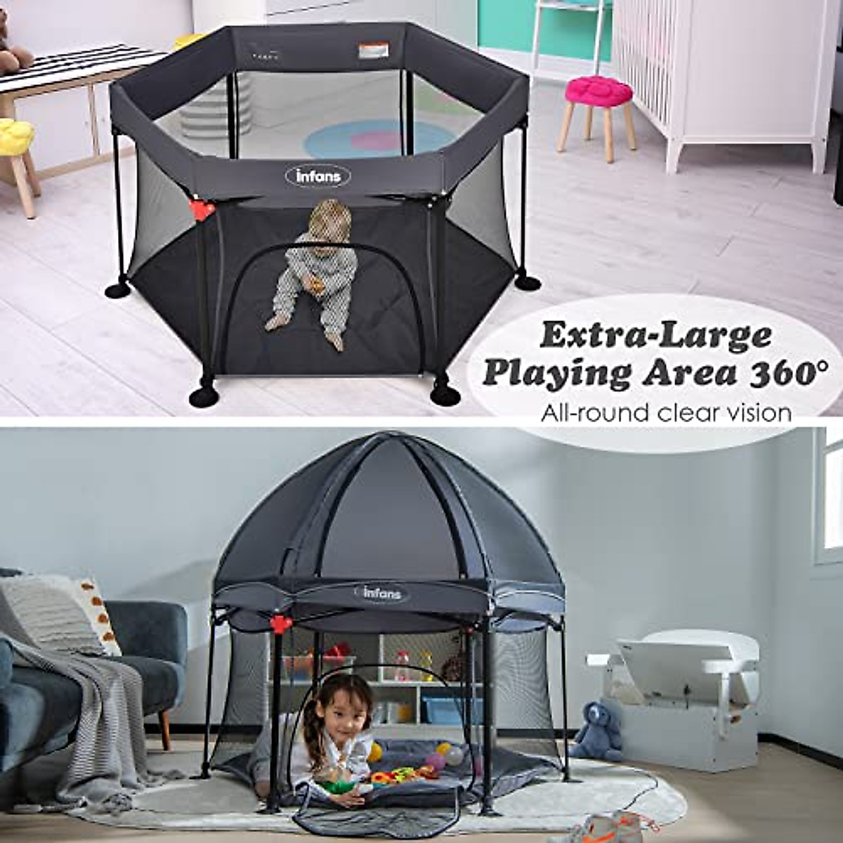 INFANS Baby Playpen with Removable Mesh & UV Canopy, 53" Portable Playhouse with Carry Bag, Dome, Padded Floor, Easy Folding Playard Activity Center (Dark Grey)