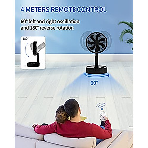 Oscillating Fan Foldaway with Remote Control, 7200mAh Rechargeable Battery Powered Pedestal Fan for Camping, 4 Speed, Timer, Height Adjustment Portable Table Fan for Travel , Outdoor, Home (Black)