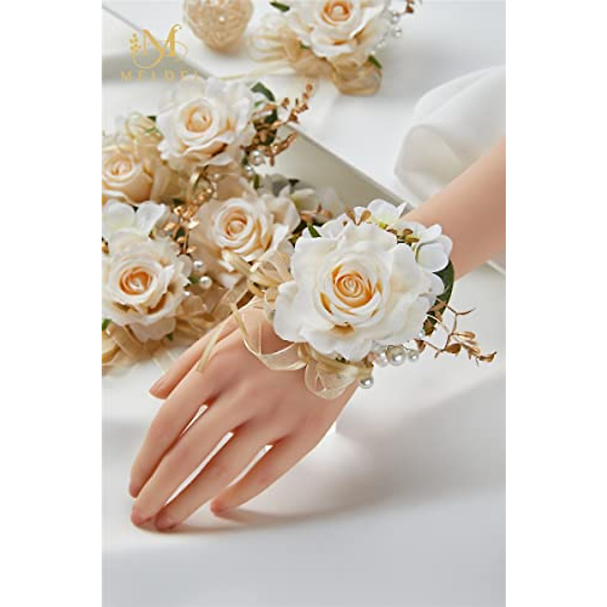 Meldel Champagne Prom Flower Wrist Corsage for Wedding, Set of 6, Rose Wrist Flower for Mother of Bride and Groom , Bride Bridesmaid Girl Women Party, Homecoming Ceremony Anniversary