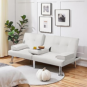 Convertible Folding Futon Sofa Bed with Metal Legs & 2 Cupholders, Modern Fabric Linen Upholstered Couch Loveseat Sleeper, Folding Couches Bed, Removable Armrests for for Small Spaces (White)