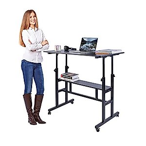 AIZ Mobile Standing Desk, Adjustable Computer Desk Rolling Laptop Cart on Wheels Home Office Computer Workstation, Portable Laptop Stand Tall Table for Standing or Sitting, Black, 39.4" x 23.6"