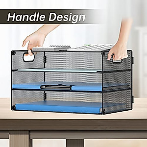 DALTACK 3 Tier Letter Tray Paper Organizer with Handle, Mesh Desk File Organizer, Paper Tray Desk Organizer for School Office Home, Black