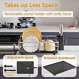 AIDERLY Stainless Steel Dish Drying Rack with Drainboard Dish Drainers for Kitchen Counter Sink Adjustable Spout Dish Strainers with Utensil Holder and Knife Slots, Black