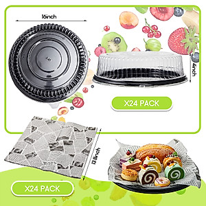 Tessco 24 Pcs 16 Inch Plastic Catering Trays with Lids and 48 Pcs Deli Wax Paper Sheets Set Large Veggie Tray Black Serving Trays for Party Sandwich Wrapping Paper Round Food Cookie Platter