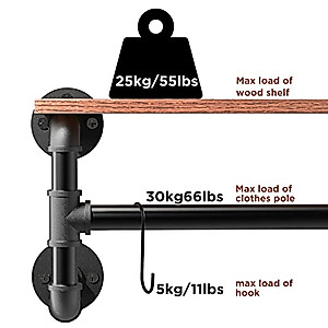 MOUTIK Top Shelf Clothes Hanging Rack: Industrial Pipe Wall Mounted Retail Garment Racks with Wood Floating Shelves - Heavy Duty Display Clothing Hanger Rod for Closet Coat Storage