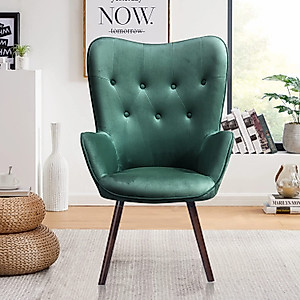 Velvet Accent Chair, Modern Wingback Vanity Chair Tufted Armchair Upholstered Tall Back Desk Chair with Arms Solid Wood Legs Lounge Leisure Chair for Living Room Bedroom Waiting Room (Dark Green)