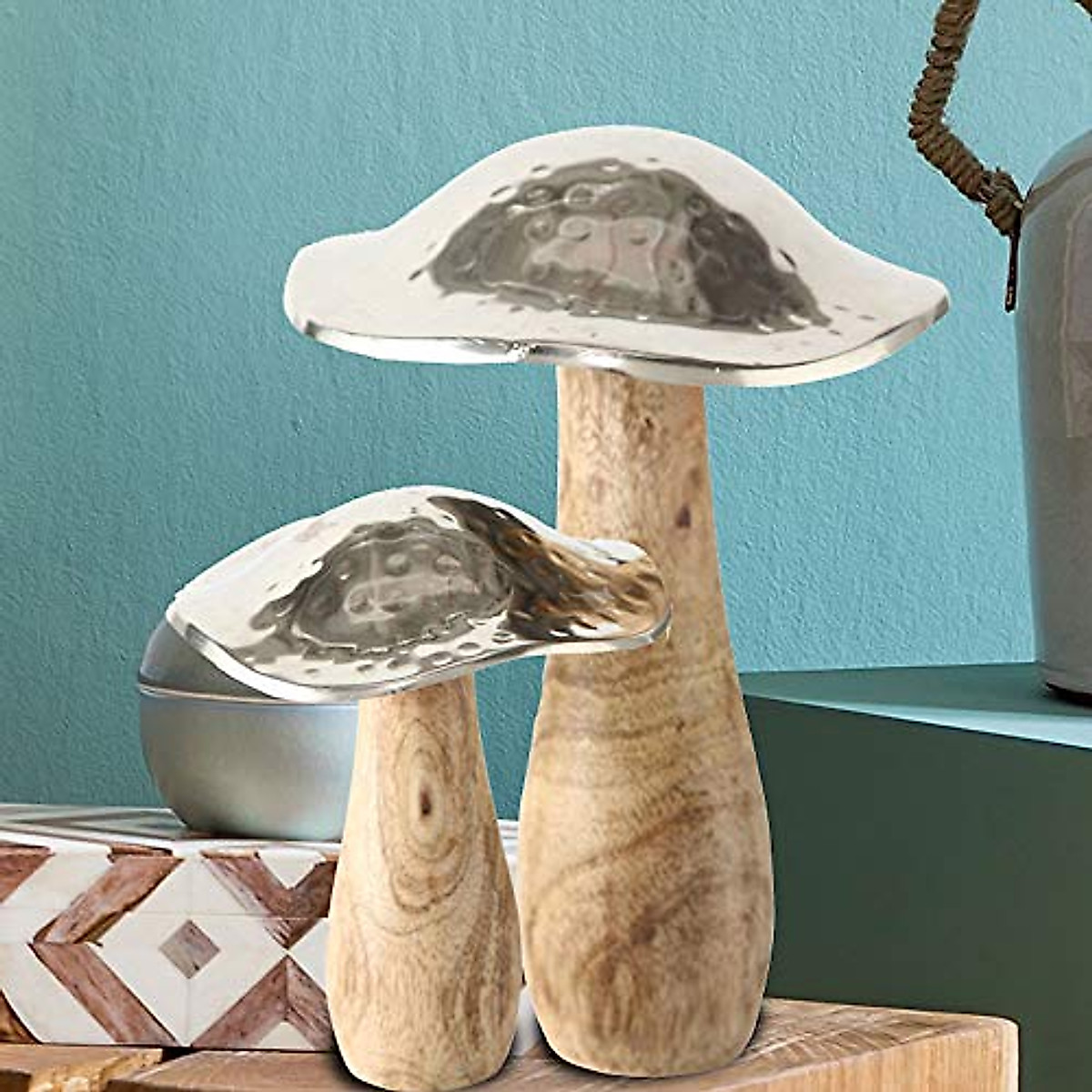 WHW Whole House Worlds Farmers Market Mushrooms, Set of 2, Decorative Kitchen Sculpture, Art, Mango Wood and Hammered Silver Metal, 8 1/4 and 5 1/2 Inches Tall
