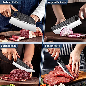 TIVOLI Professional Butcher Knife Set for Meat Processing, 7Pcs High Carbon Steel Hand Forged BBQ Knife Set, Serbian Chef Knife Set with Ergonomic Handles for Kitchen Outdoor Cooking Father's Day Gift