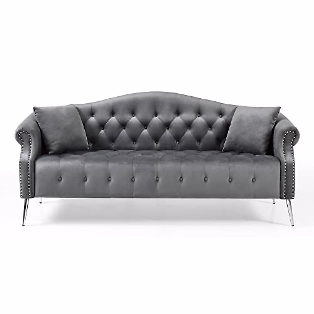 LIADTOP, 78.7" Classic Chesterfield Velvet Sofa Contemporary Upholstered Couch with Button Tufted and Rolled Arms, 2 Pillows Included, 3 Seater,Grey