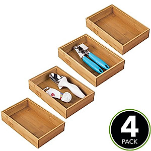 mDesign Wooden Bamboo Drawer Organizer - 9" Long Stackable Storage Box Tray for Kitchen Drawers and Cabinet - Utensil, Silverware, Spatula, and Flatware Holder - Echo Collection - 4 Pack, Natural Wood