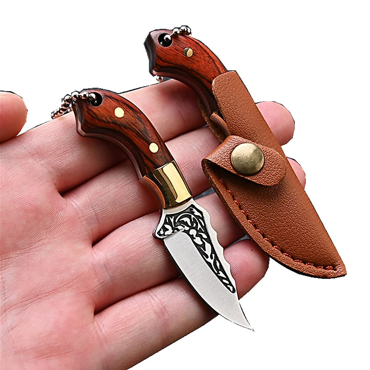 SZHOWORLD Ultra Small Fixed Blade Knife, 1.57 inch 5Cr Stainless Steel Blade with Brass+Colored Wood Handle, Mini Knife/Box Cutter with Leather Sheath for EDC Gift Collection Cutting