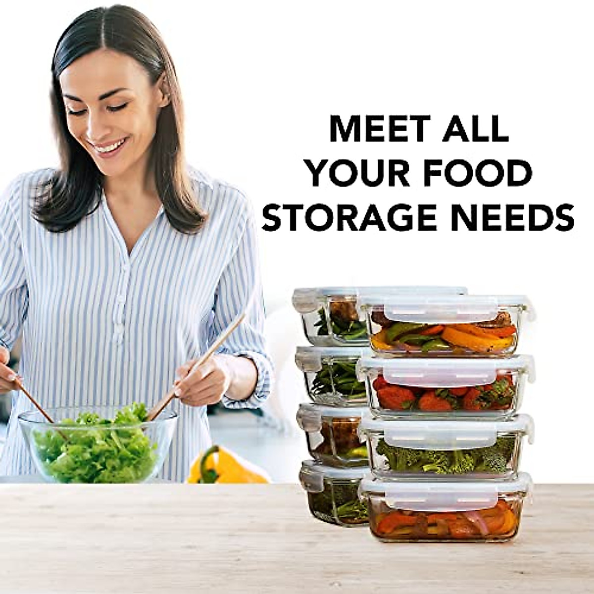 Glass Food Storage Containers with Lids 30 Oz 16 Pc (Set of 8) Airtight Large Glass Containers, Glass Meal Prep Containers Reusable Leak Proof BPA Free Glass Food Prep Containers Freezer to Oven Safe