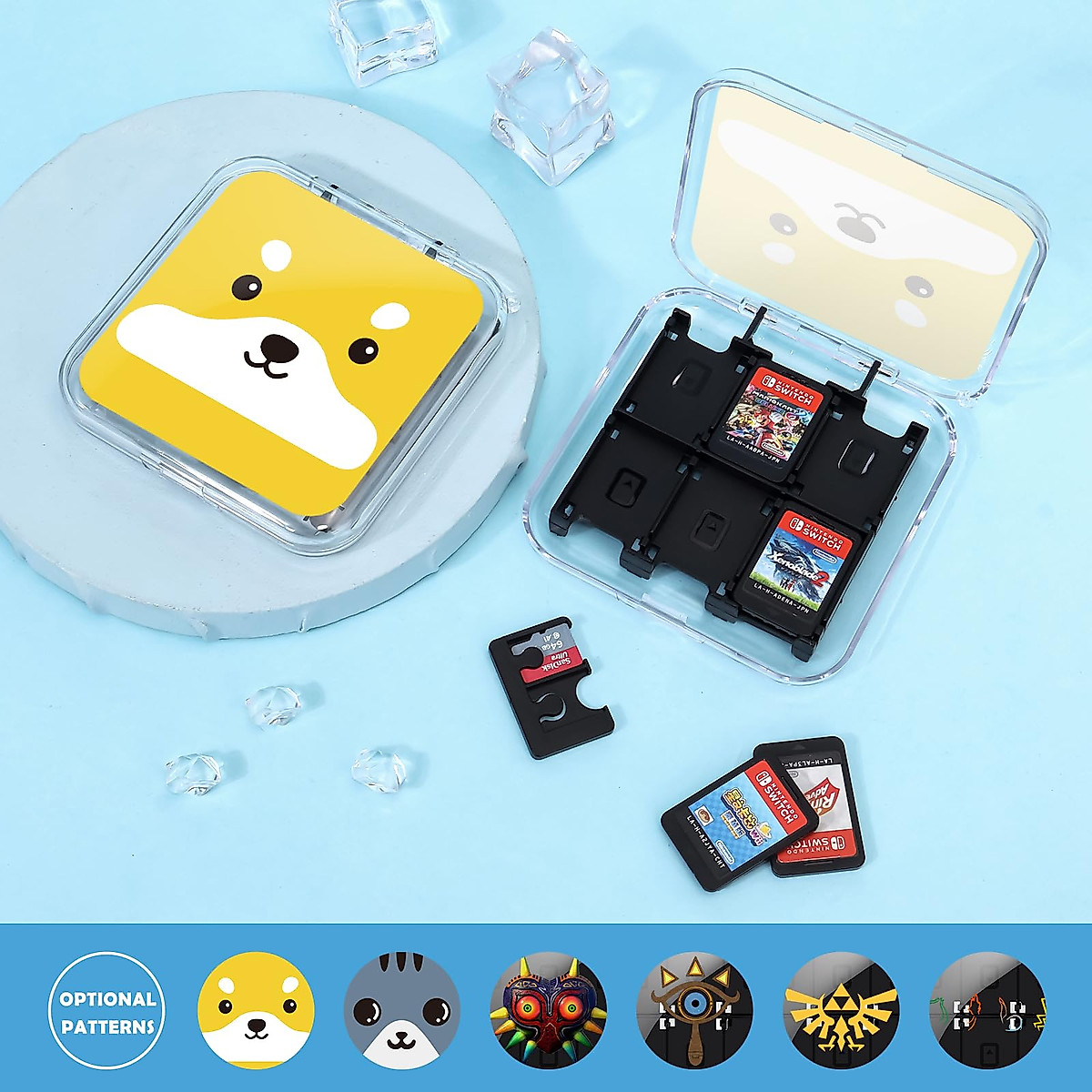 DLseego Game Card Case for Switch Lite/Switch/Switch OLED, Switch Game Cartridge Memory Card Portable Storage Box with 12 Game Card Slots and 2 Micro SD Card Slots and 1PCS Black Chain-Yellow Dog