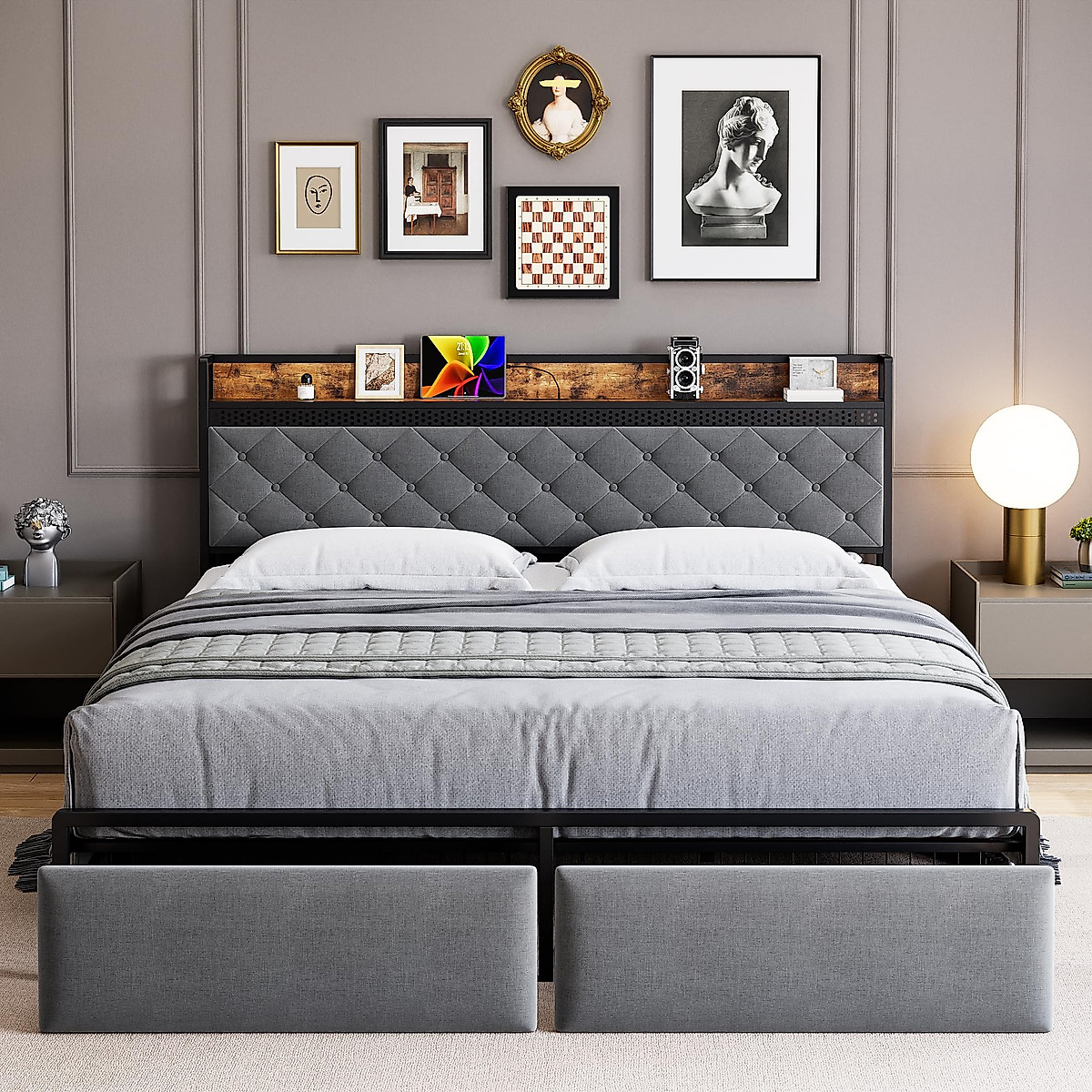 coucheta Queen Bed Frame with Headboard and 2 Drawers, Metal Platform with USB Ports and Outlets, Led Lighting, Noise-Free Design, No Box Spring Needed, Grey