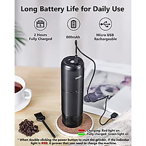 Portable Electric Burr Coffee Grinder: CONQUECO Small Coffee Bean Grinding Machine - Rechargeable Stainless Conical Burr Grinders with Multiple Grind Settings, 20g (with Brush)