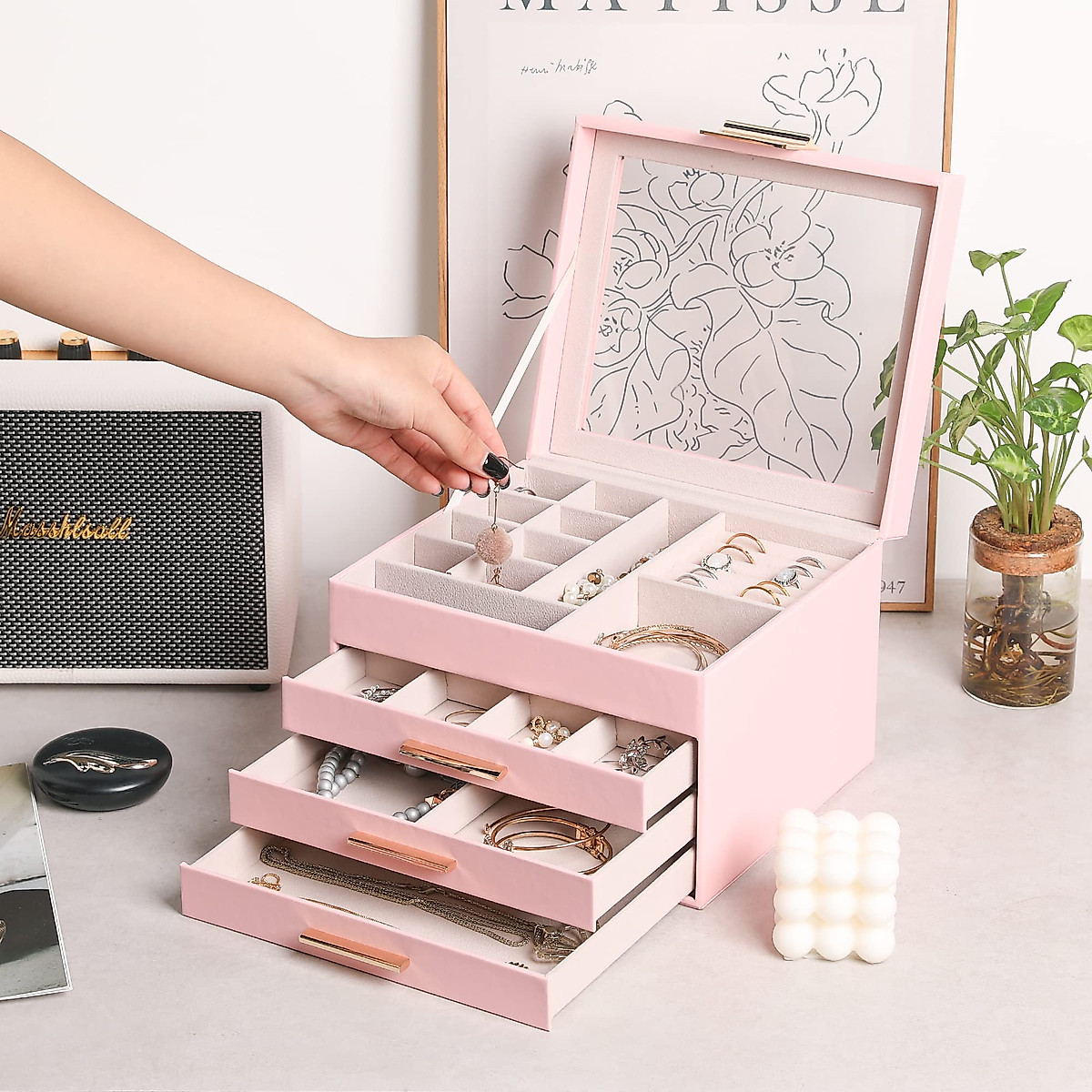 Frebeauty Clear Lid Jewelry Box,4 Layers Jewelry Organizer Large Multi-Functional Jewelry Storage Box with 3 Drawers,Jewelry Display Case of Rings Earrings Necklace Bracelets for Women Girls(Pink)