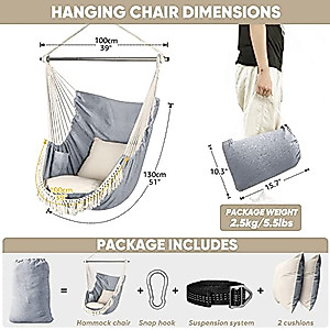 Chihee Hammock Chair Hanging Seat 2 Pillows Included,Durable Stainless Steel Spreader Bar Portable Hanging Chair Side Pocket Large Macrame Chair Set Quality Cotton Weave for Comfort Indoor Outdoor
