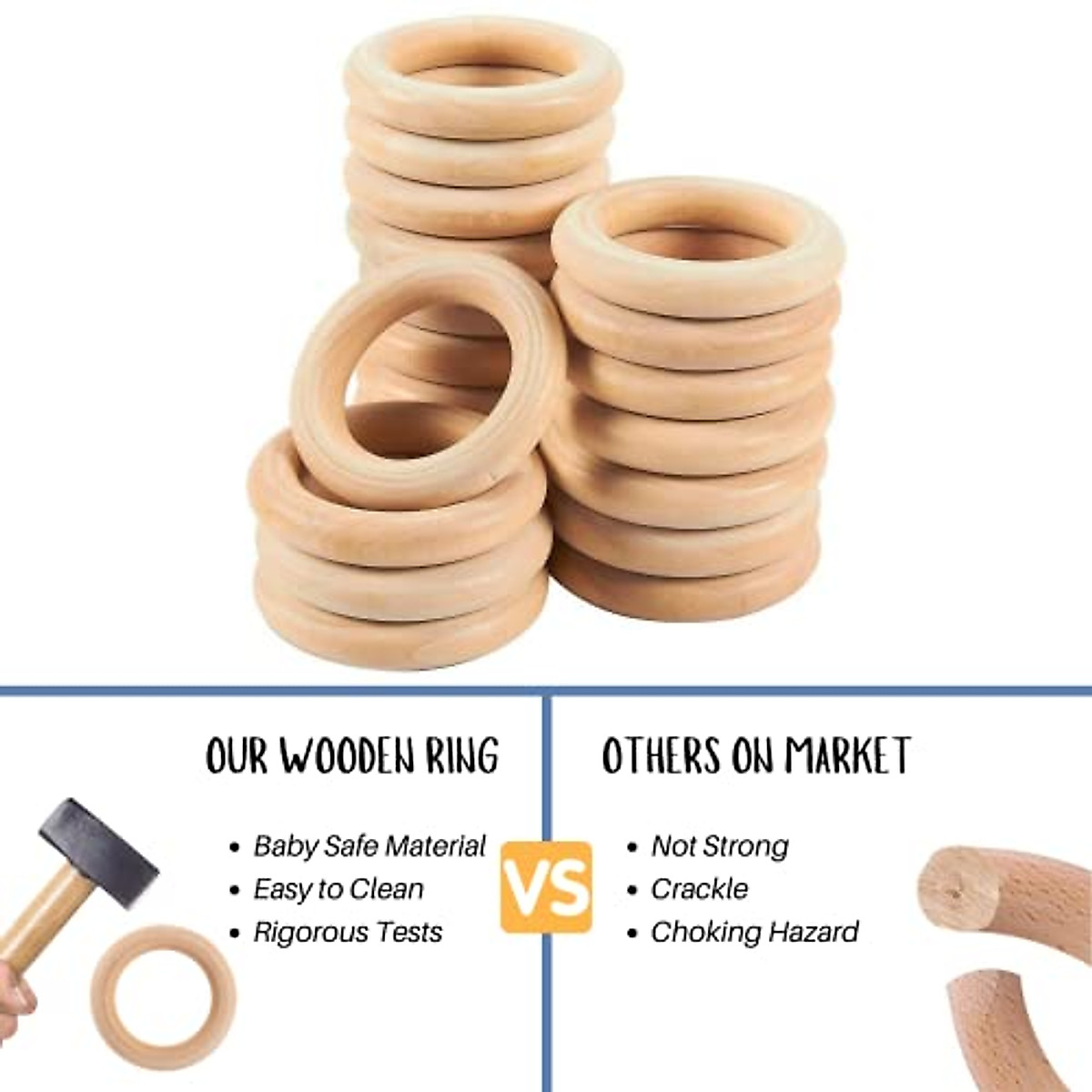 Baby Teething Toys, Silicone Chewable Rings with Organic Wooden, Natural Wooden Ring & Silicone Teething Toys for Newborn, 3+ Months (6 Directions, Khaki)