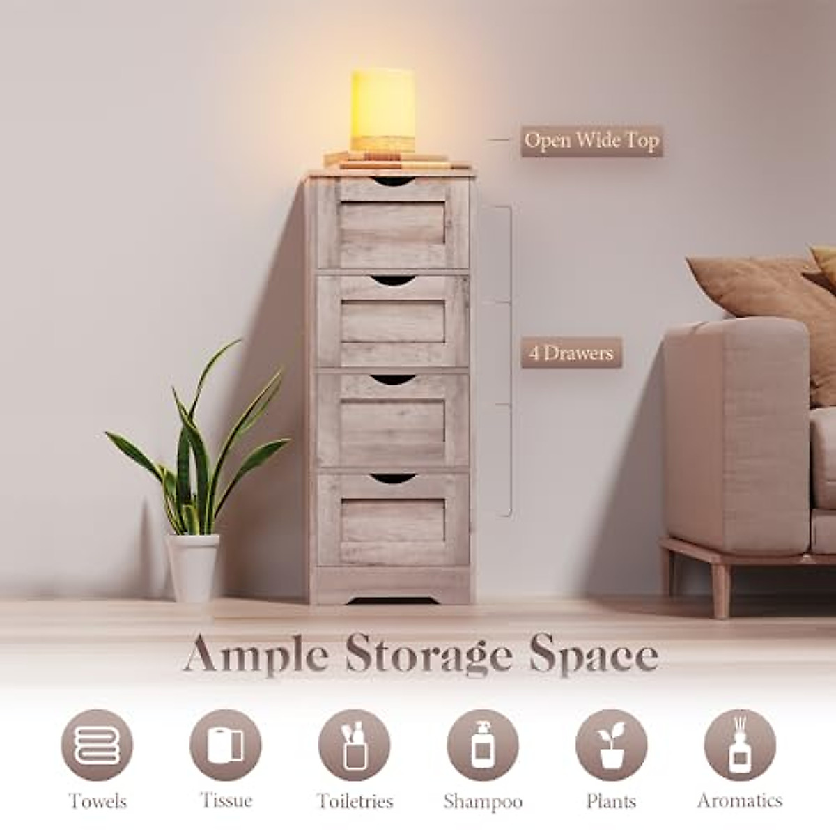 Gecheer Free-Standing Cabinet Wooden Floor Storage Organizer Tall Storage for Bathroom, Living Room with 4 Drawers and 1 Adjustable Shelf