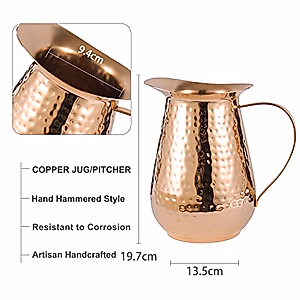 Pure Copper Water Pitcher with lid, 100% Solid Copper Jug, Capacity 70 Oz, Copper Hammered Vessel, Copper Carafe For Ayurveda Health, Healing Benefit, Home, Hotel & Gifting