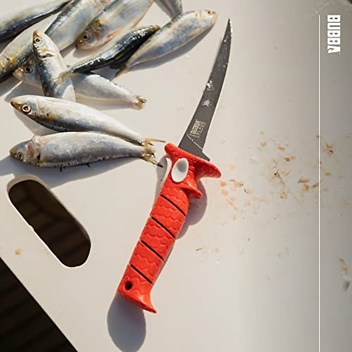 BUBBA 7 Inch Tapered Flex Fillet Fishing Knife with Non-Slip Grip Handle, Full Tang Stainless Steel Non-Stick Blade, Lanyard Hole and Synthetic Sheath for Fishing, Boating and Hunting