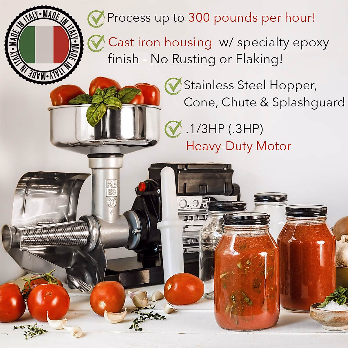 Raw Rutes - Electric Tomato Strainer Machine - Made in Italy - Perfect for Canning Tomato Purees, Sauces and More! (No. 3)