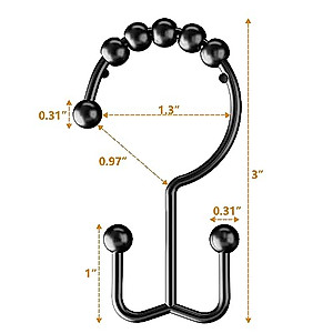 Shower Curtain Hooks, Double Glide Shower Hooks Rings for Bathroom Shower Rods Curtain, RustProof Metal Curtain Rod Hangers - Set of 12, Matte Black