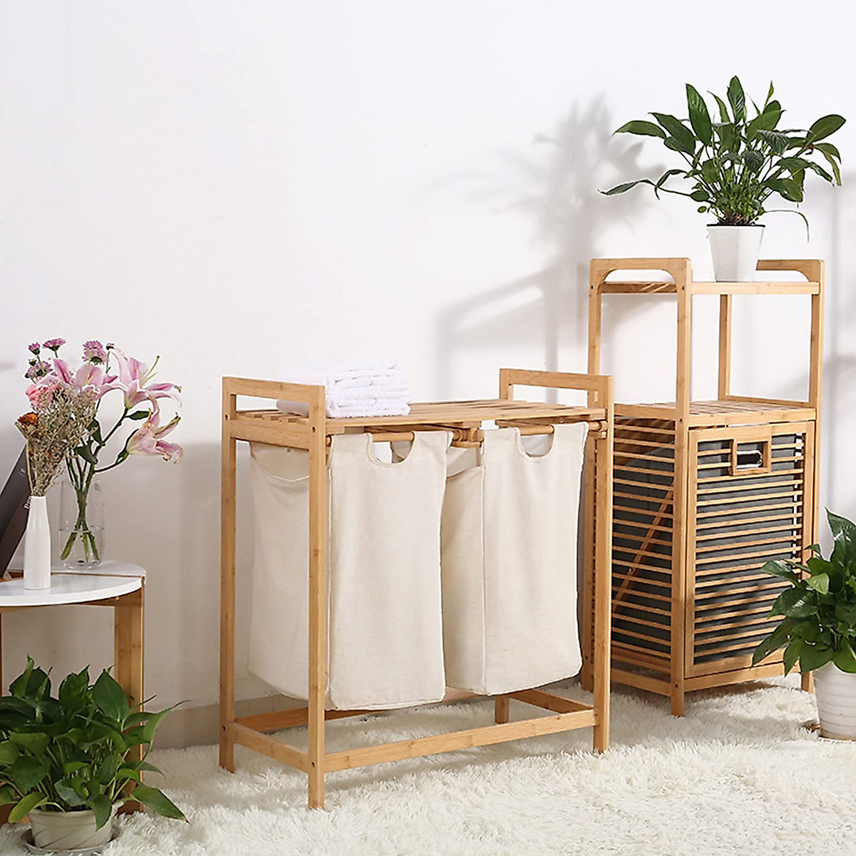 Bamboo Laundry Hamper Basket,Portable Laundry Basket,2 Sections Laundry Clothes Hamper Sorter with Removable Sliding Bag Shelf,Storage Wooden Laundry Sorter for Bedroom,Laundry,Bathroom