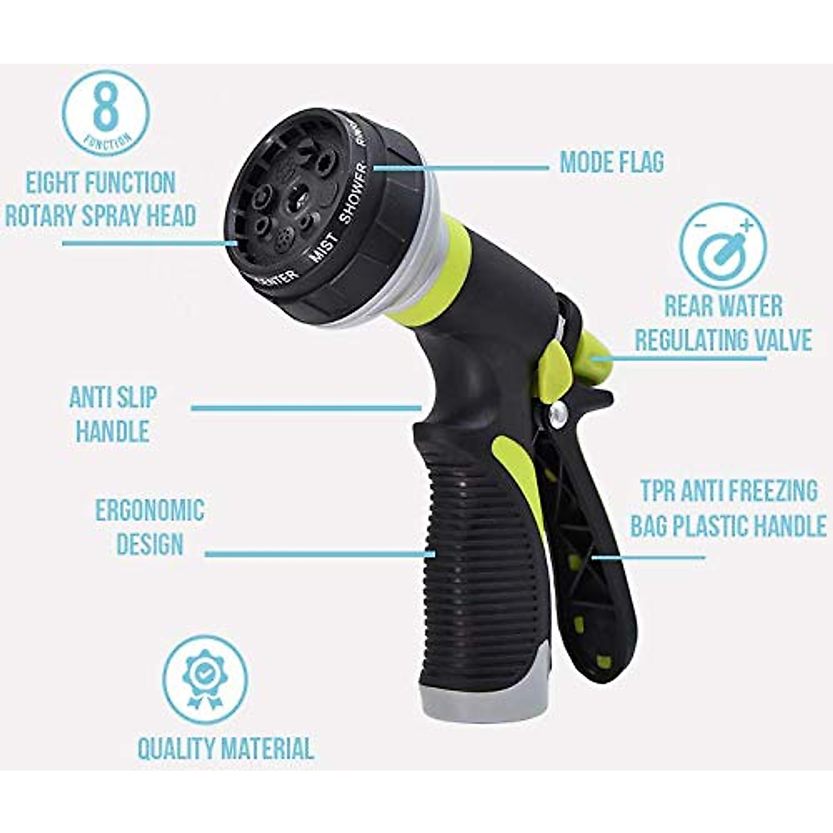 Garden Hose Nozzle | Hose Spray Nozzle | Water Nozzle Water Hose Nozzle Sprayer | 8 Adjustable Watering Patterns, Slip and Shock Resistant for Watering Plants, Cleaning, Car Wash and Showering Pets