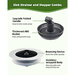 Kitchen Sink Strainer Stopper Combo 3-in-1 Pop Up Kitchen Sink Drain with Upgrade Folded Handle, for US Standard 3-1/2 inch Drain Filter, Chrome Stainless-Wraped Shell, Anti-Clog