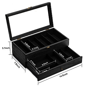 Yoimori Knife Display Case for 9-15 Knives, 2-Layer Pocket Knife Case with Glass Lid & Drawer, Wood Knife Cases for Collections for Men Gift Ideas (Black)