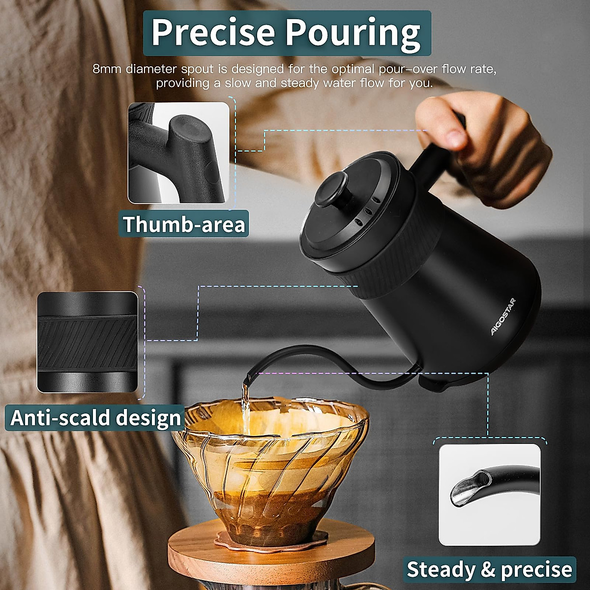 Aigostar Electric Gooseneck Kettle Temperature Control, 1200W Quick Heating Pour Over Kettle and Tea Kettle for Coffee Tea, 5 Variable Presets, Keep Warm & Stopwatch, Stainless Steel Inner, 0.8L