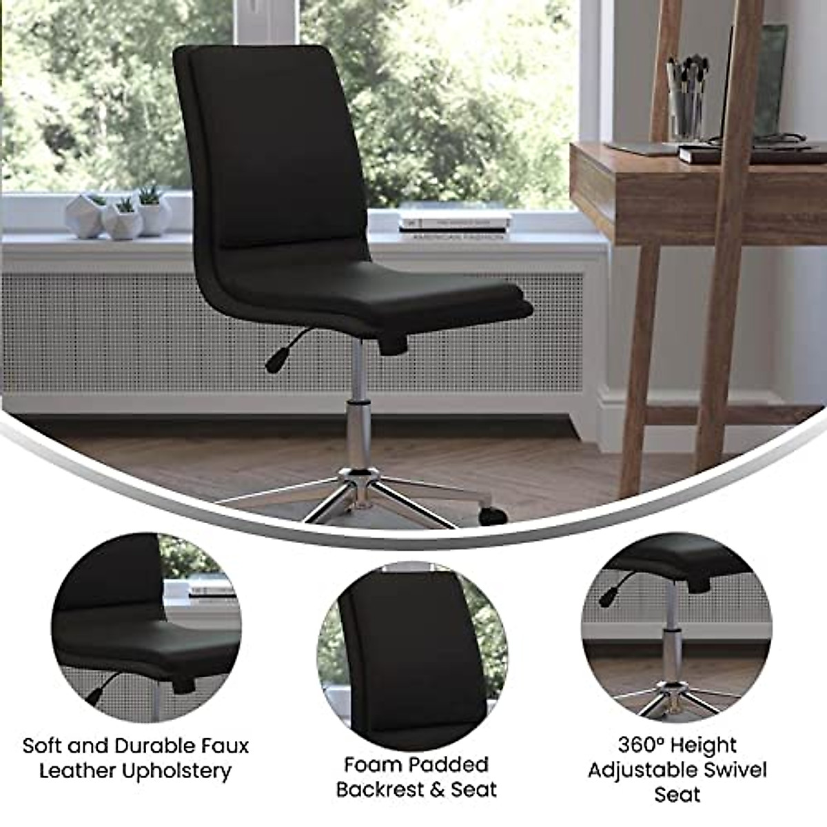 Flash Furniture Madigan Task Office Chair - Luxurious Black LeatherSoft Upholstery - Padded Mid-Back and Seat - Height Adjustable Chrome Base - Armless