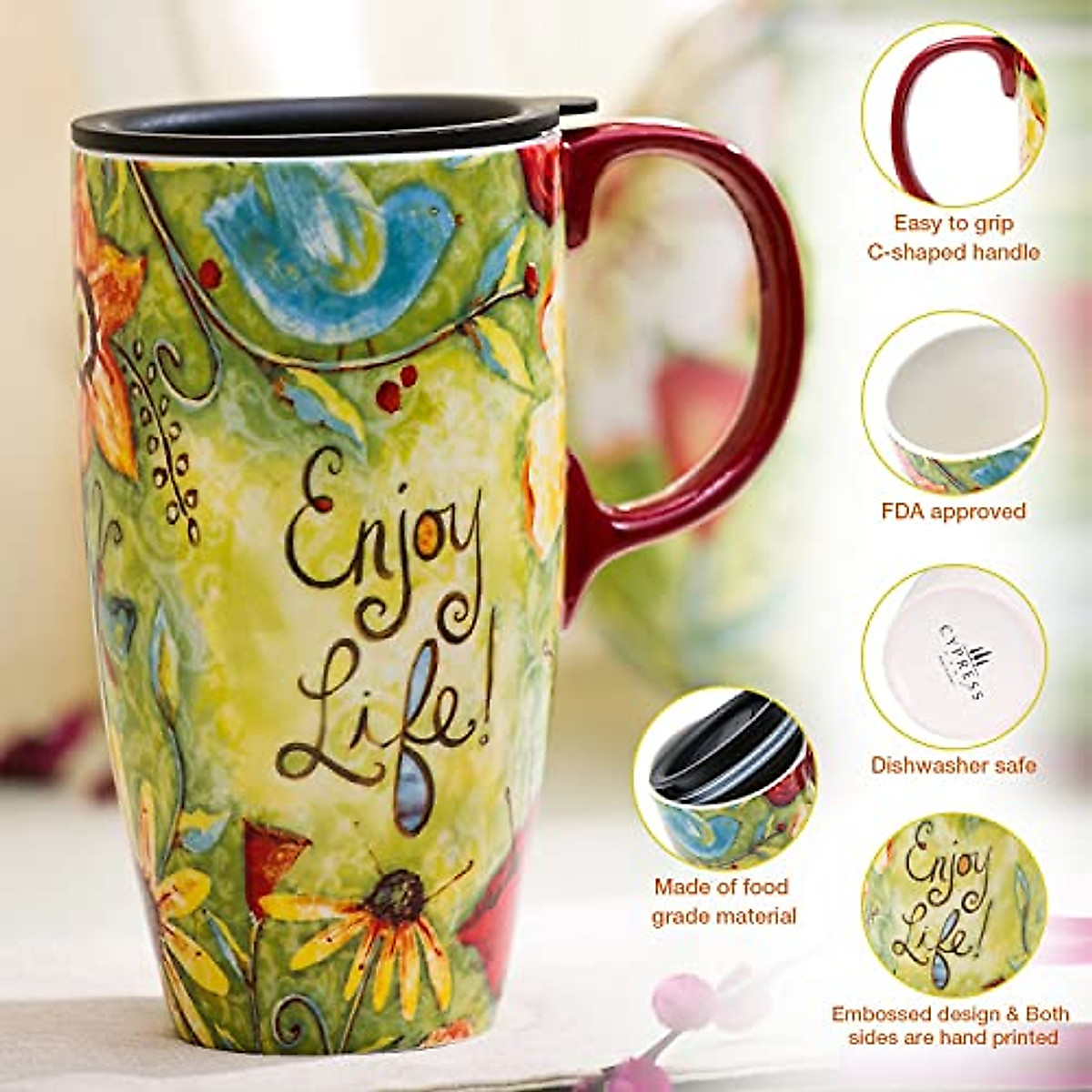 CEDAR HOME Coffee Ceramic Mug Porcelain Latte Tea Cup With Lid 17oz. Enjoy Life