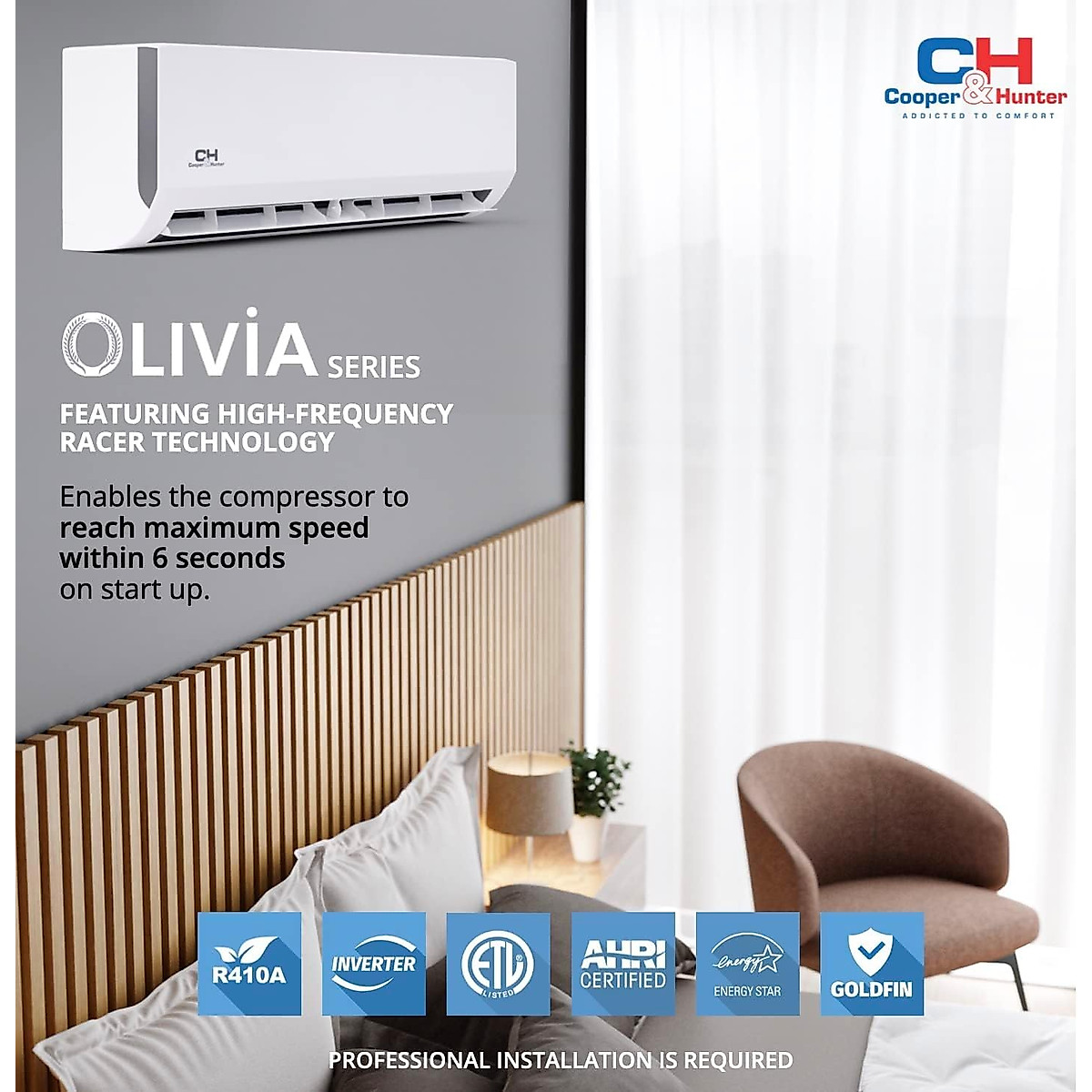 Cooper & Hunter Olivia Series, 36,000 BTU, 230V, 18.00 SEER2, Single Zone Mini Split AC/Heating Ductless Inverter System, Including Installation kit