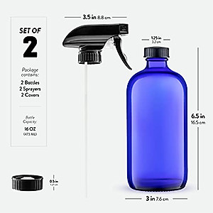Blue Cobalt Glass Spray Bottles, 16-Ounce (2-Pack) Refillable Glass Sprayer Container with Durable Leakproof Trigger Sprayer Mist/Stream/Lock for Cleaning Products, Essential Oils, Aromatherapy, Water