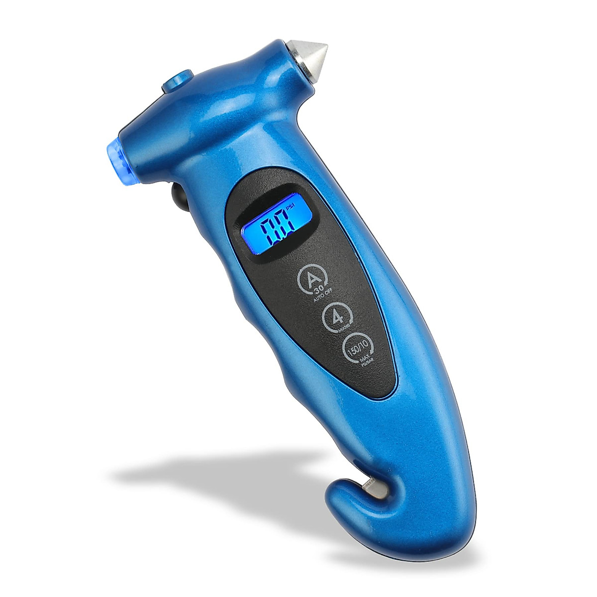 JUSTTOP Digital Tire Pressure Gauge, with Safety Hammer Multi-Function LCD Digital Display Car Tire Pressure Sensing System, Car Window Breaker, Seatbelt Cutter, Blue