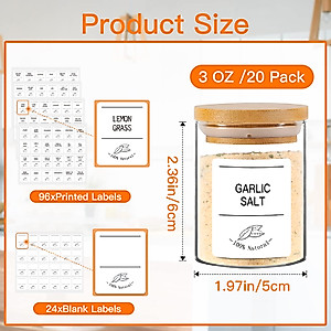 20 Pack 3 oz Glass Jars with Bamboo Lids, Empty Spice Jars with Wood Airtight Lids, Food Storage Canisters Containers for Home Kitchen, Sugar, Candies,Coffee Beans, Herbs, Grains. Include 120 Labels.