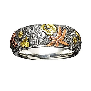 ABJFJE Retro Sunflower Dragonfly Rings Boho Daisy Flower Carved Ring Anniversary Band Ring Eternity Jewelry for Women Gift