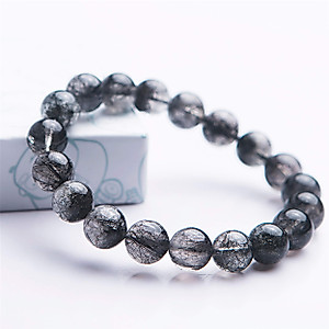 Natural Gemstone Black Rutilated Quartz Crystal Elastic Round Bead Bracelet 10mm