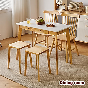 Aibiju Small Computer Desk Table, Wood Writing Desk with Drawer and Hanging Rod, 39x20x30inch Study Desk, Work Desk, Wooden Dining Table White + Natural Wood Legs YD-WD01WN