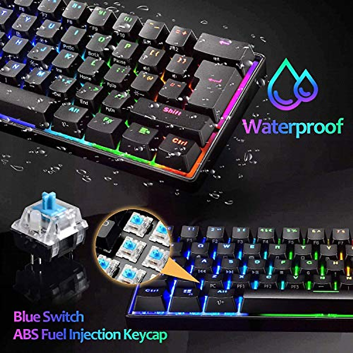 ZIYOU LANG MK21 Portable 60% Mechanical Gaming Keyboard Untra-Compact Type-c Wired with Light Up Chroma LED Backlit Non-Conflict 61 Key TKL Ergonomic for PS4 PS5 PC Mac Windows(Black/Blue Switch)