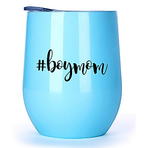Tipit Drinkware #BOYMOM | Boy Mom | 12 OZ Stainless Steel Stemless Wine Tumbler With Lid - Mom Mug - New Mom Cup - Mother of Boys - Wine Tumbler - Best Mom Mug Tumbler