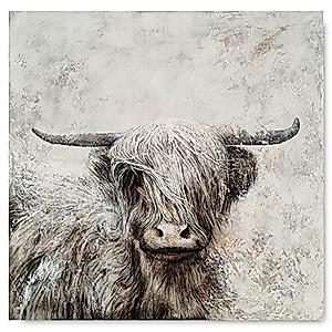 Yihui Arts Highland Cow Canvas Wall Art Hand Painted Lovely Wild Animal Oil Paintings Grey and White Rustic Pictures Yak Artwork for Farmhouse Living Room Bedroom Bathroom Decoration
