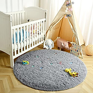 LOCHAS Luxury Round Fluffy Area Rugs for Bedroom Kids Girls Room Nursery, Super Soft Circle Rug, Cute Shaggy Carpet for Children Living Room, 4x4 Feet Grey